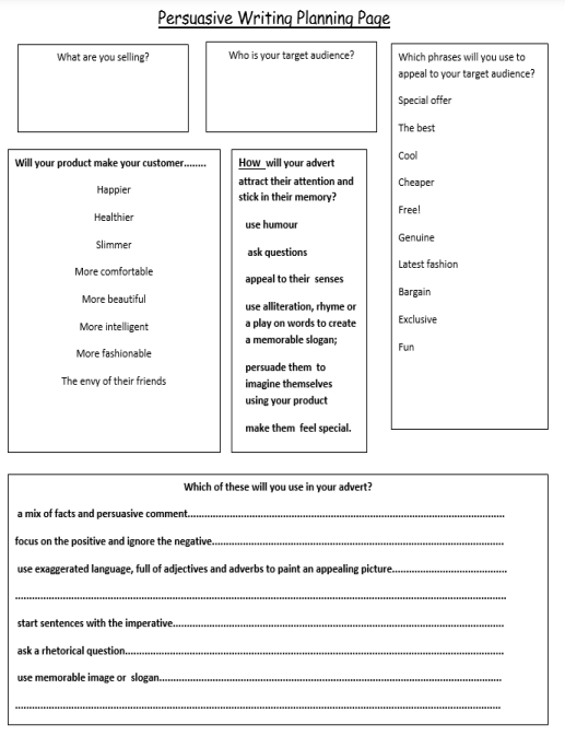 writing an advert planning page
