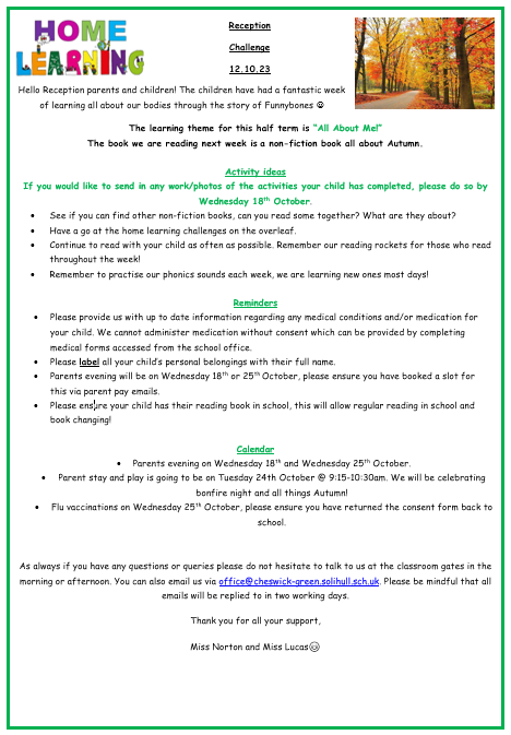 Reception Challenge wb 12th October